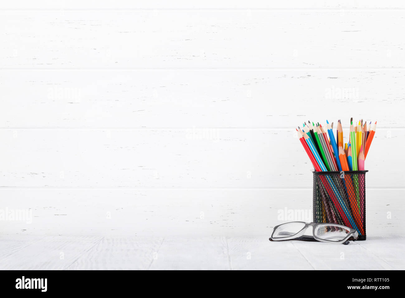 Loft home office workplace with supplies. With copy space for your ...