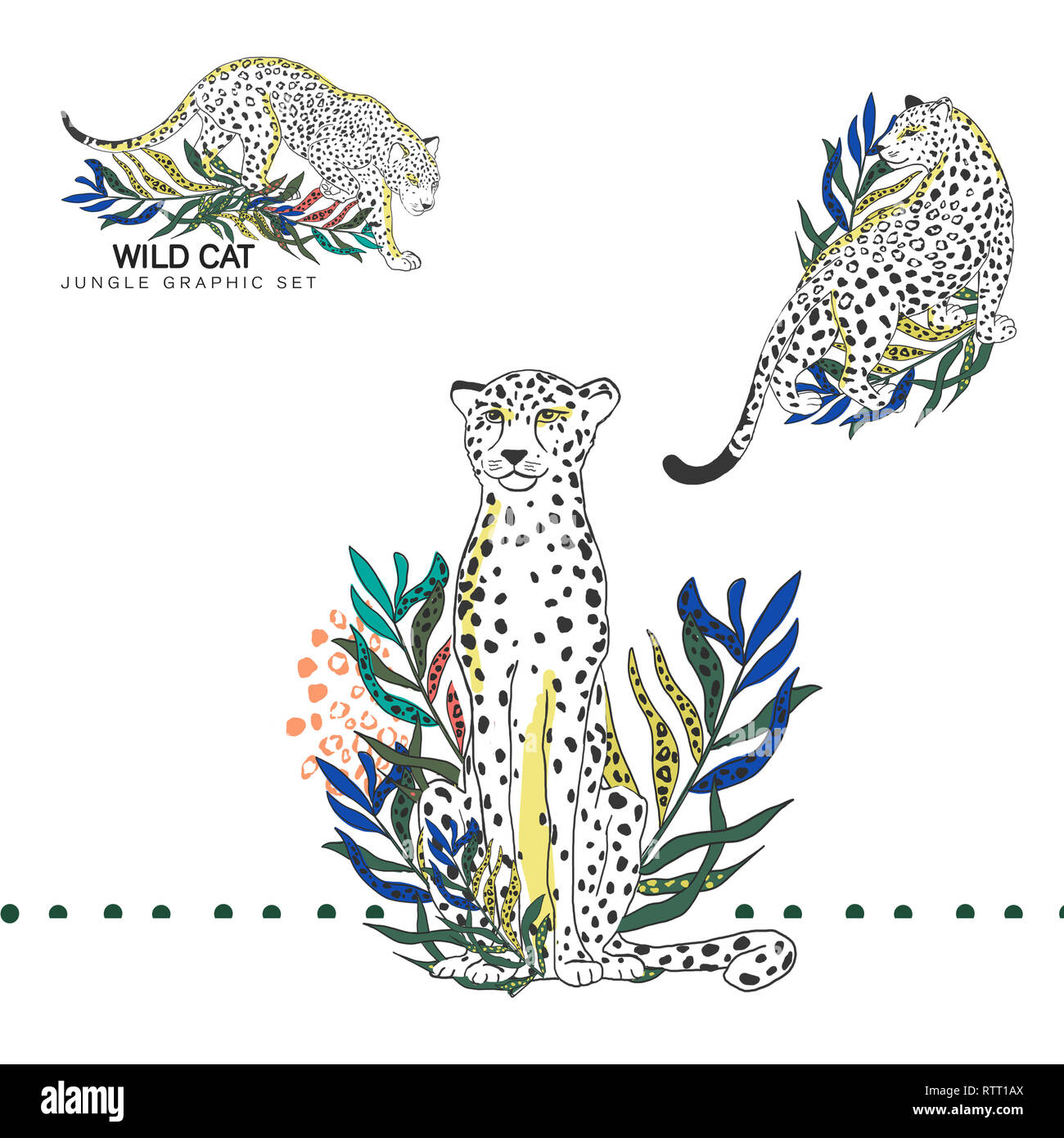 Set tropical cute wild cats illustration background with palm trees ...