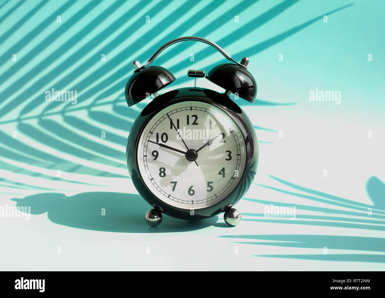 Summer time concepts idea with alarm clock and tropical leaf shadow on ...