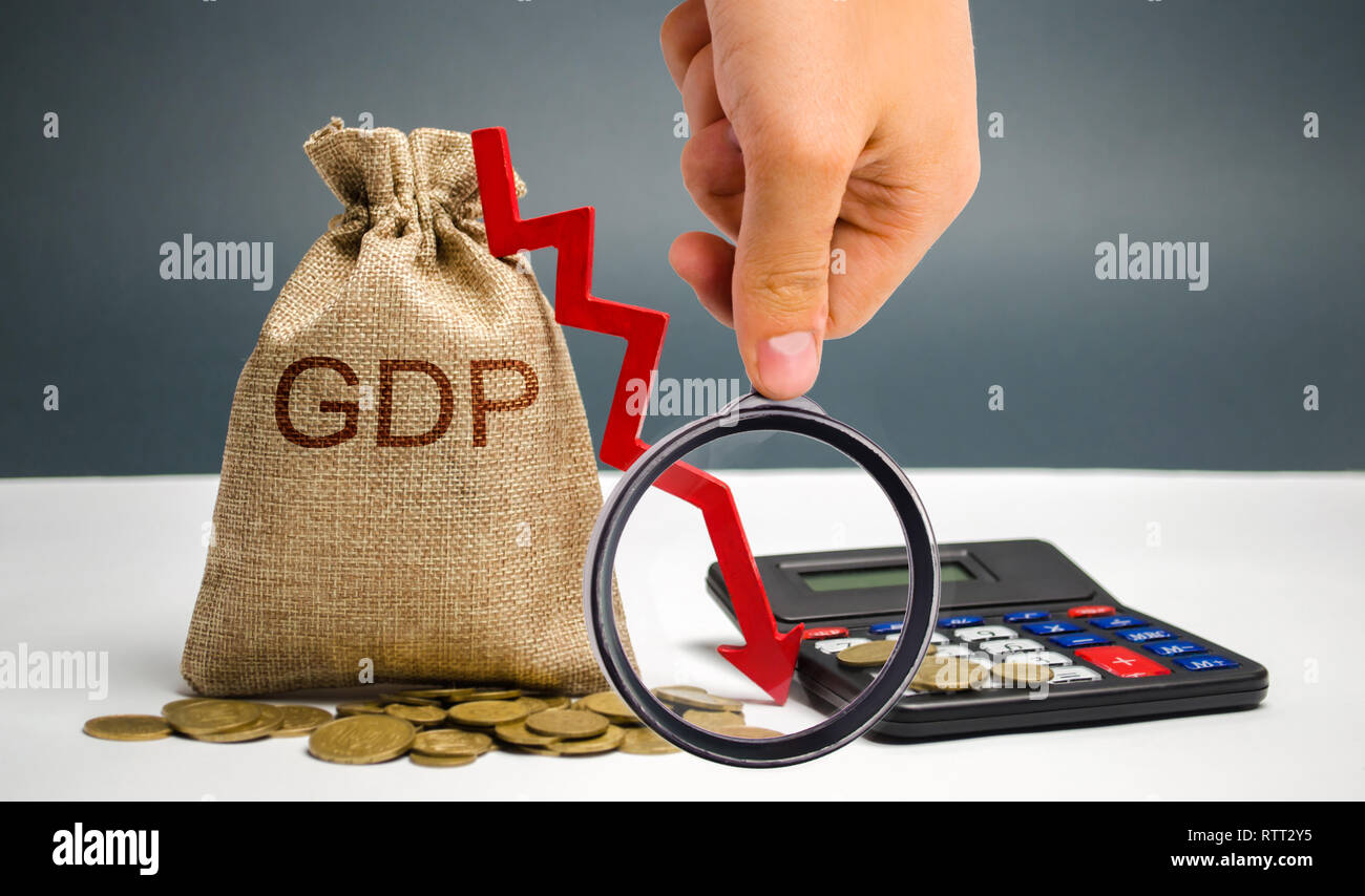 Money bag with the word GDP and down arrow. Decline and decrease of GDP ...