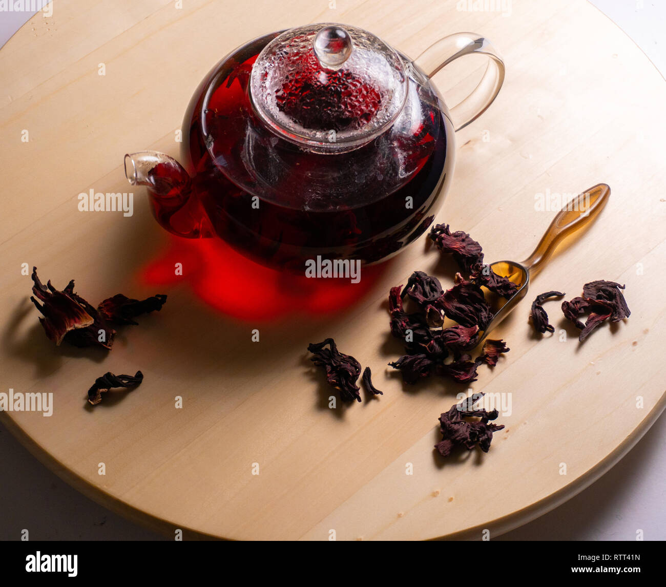 Fresh hot tasty red tea in teapot. Top view on karkade tea Stock Photo ...