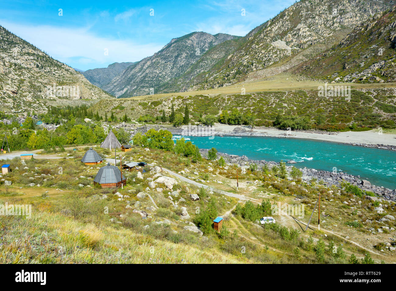 Traditional Altai dwelling for the tourists in the valley of the Katun ...