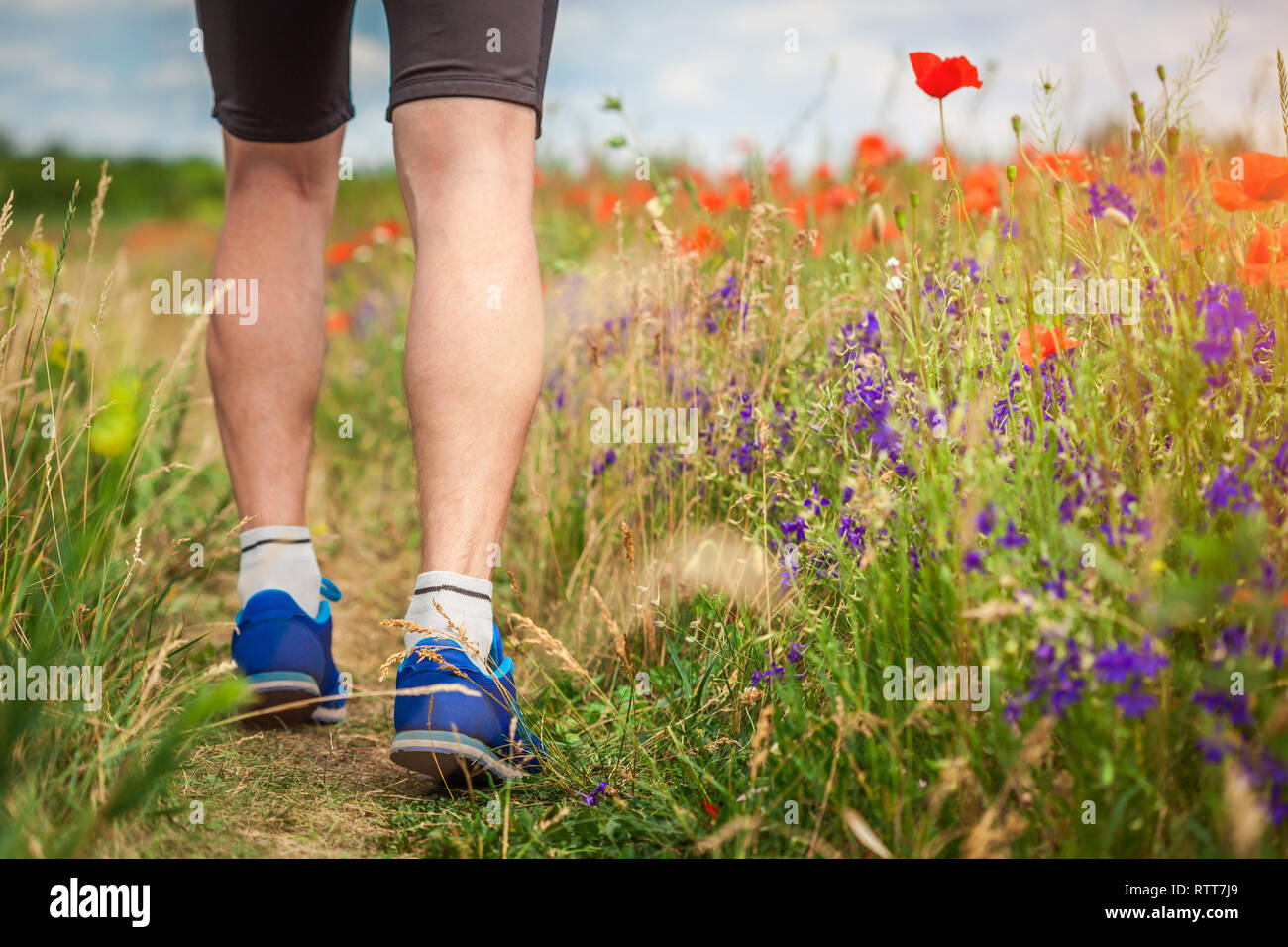 Young man running on poppy field in summer. Sport. Healthy lifestyle ...