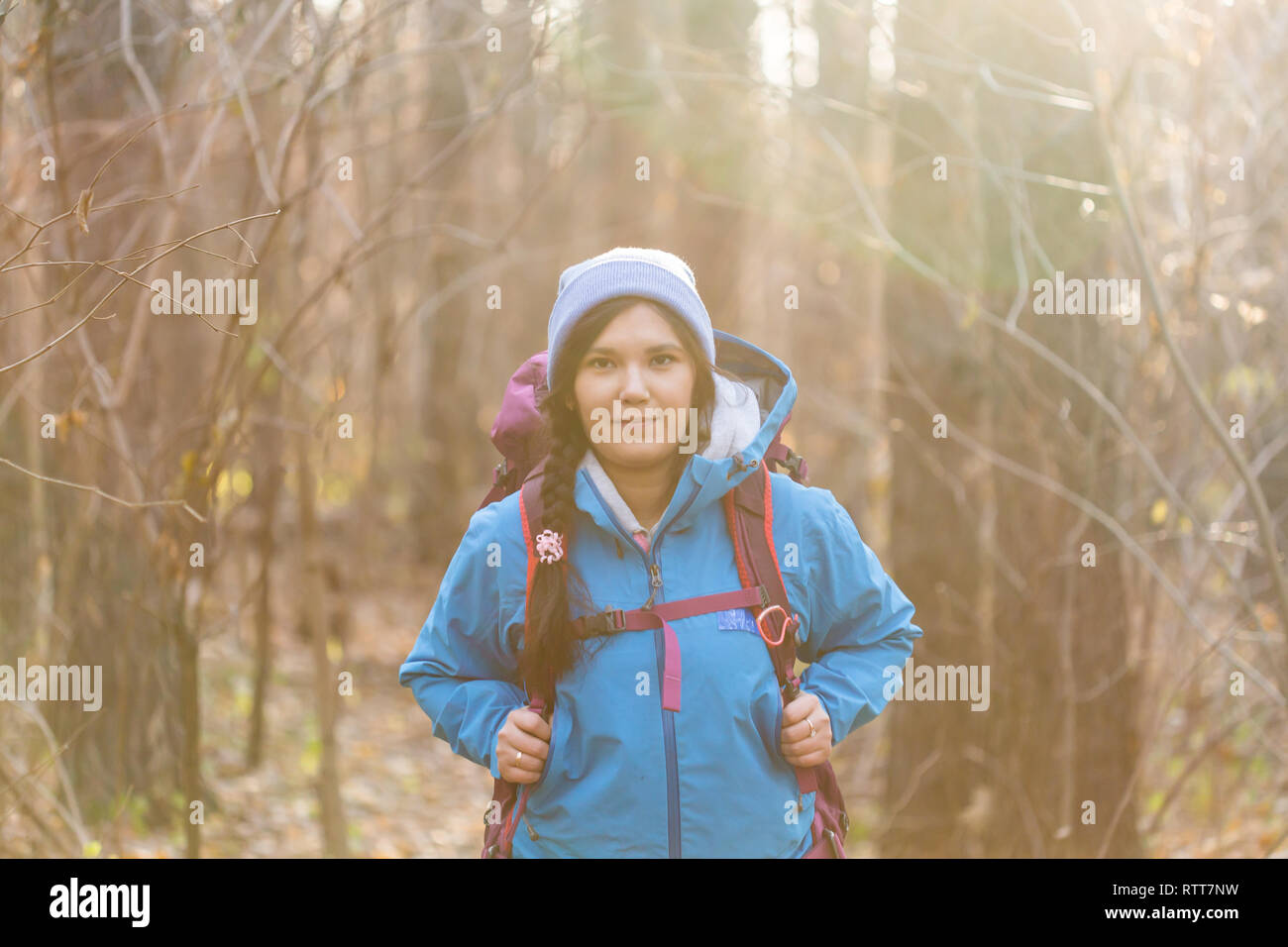 adventure, travel, tourism, hike and people concept - smiling tourist ...