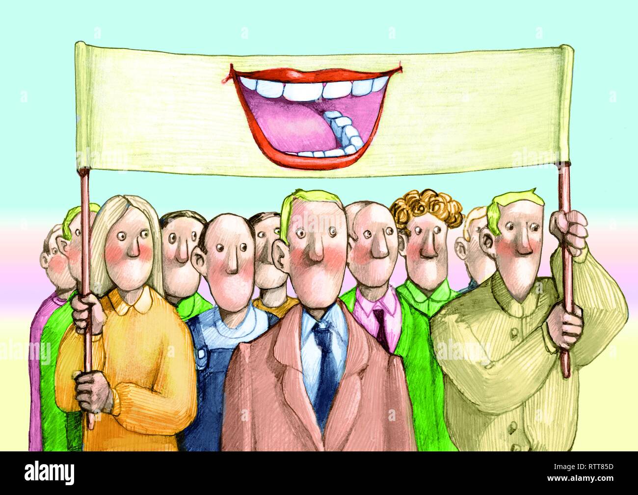 people's crowd without mouth under banner feels a great mouth allegory ...