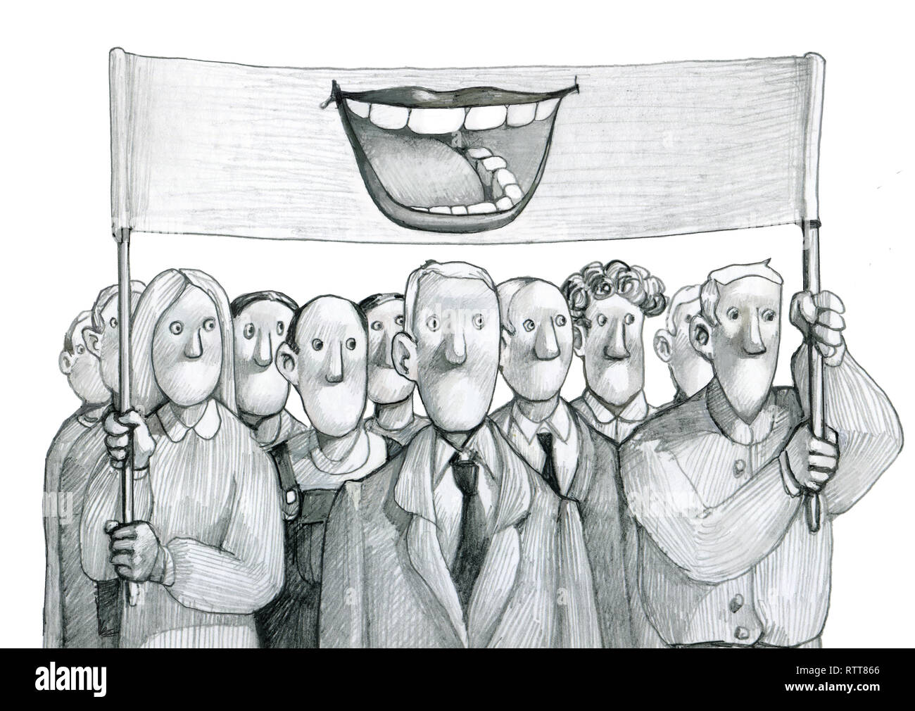 people's crowd without mouth under banner feels a great mouth allegory ...