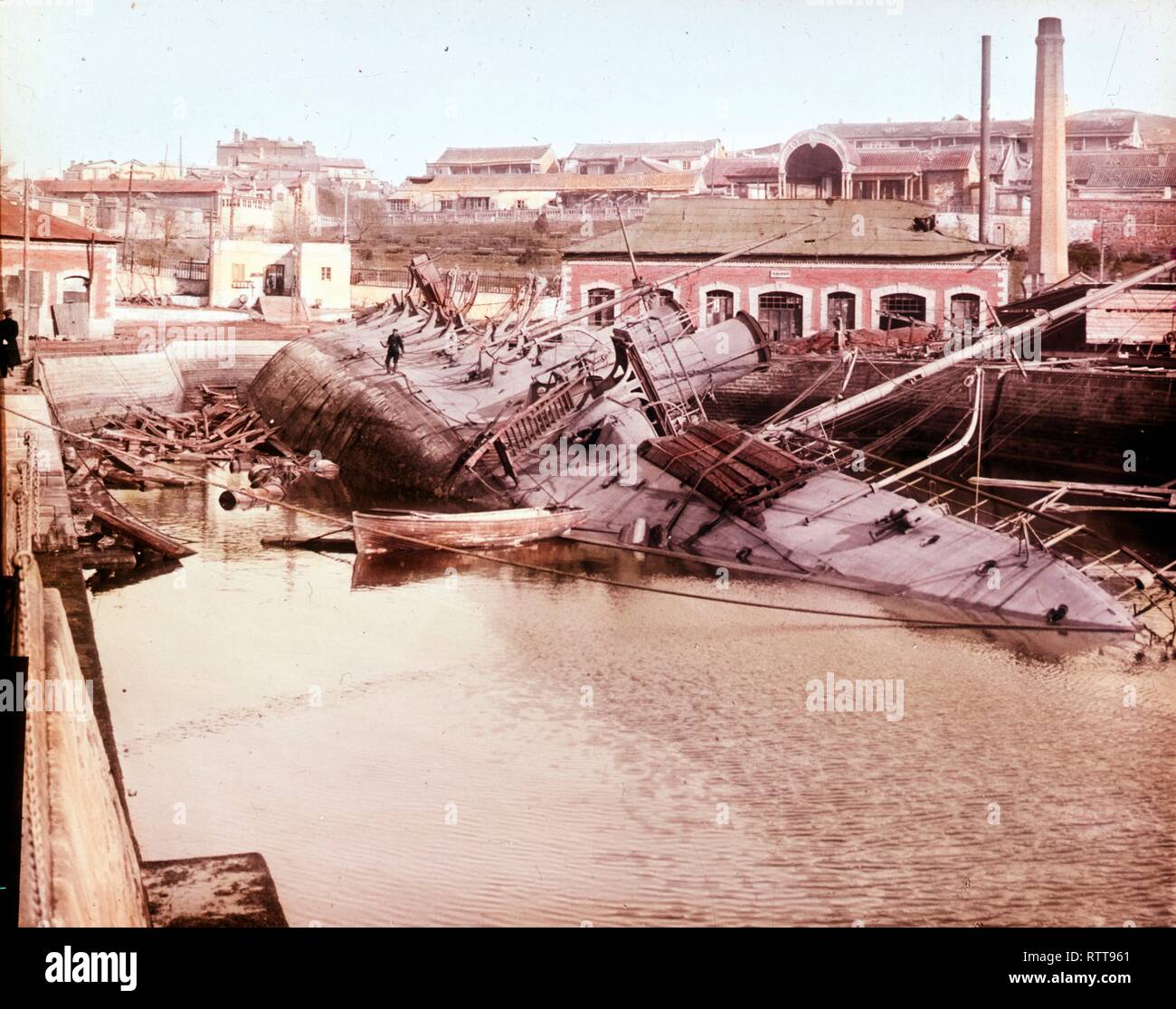 Colorized photo of a soldier walking on a Russian warship sunken in the ...