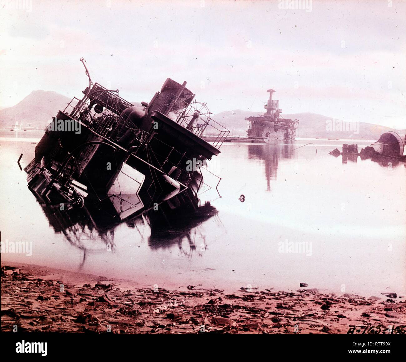 Colorized photo of a Russian warship sunken in the Port Arthur harbor ...