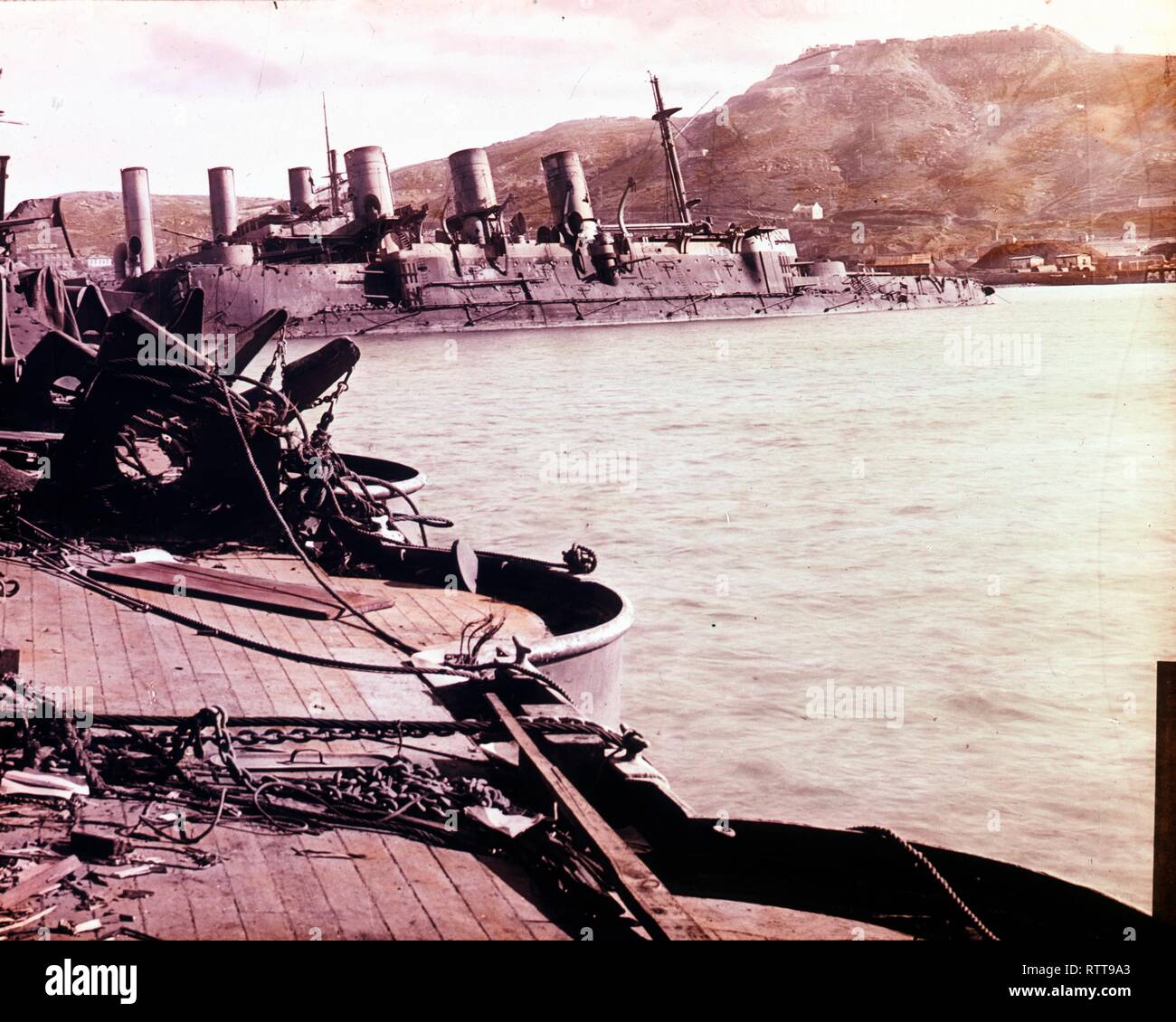 Colorized photo of a Russian warship sunken in the Port Arthur harbor ...
