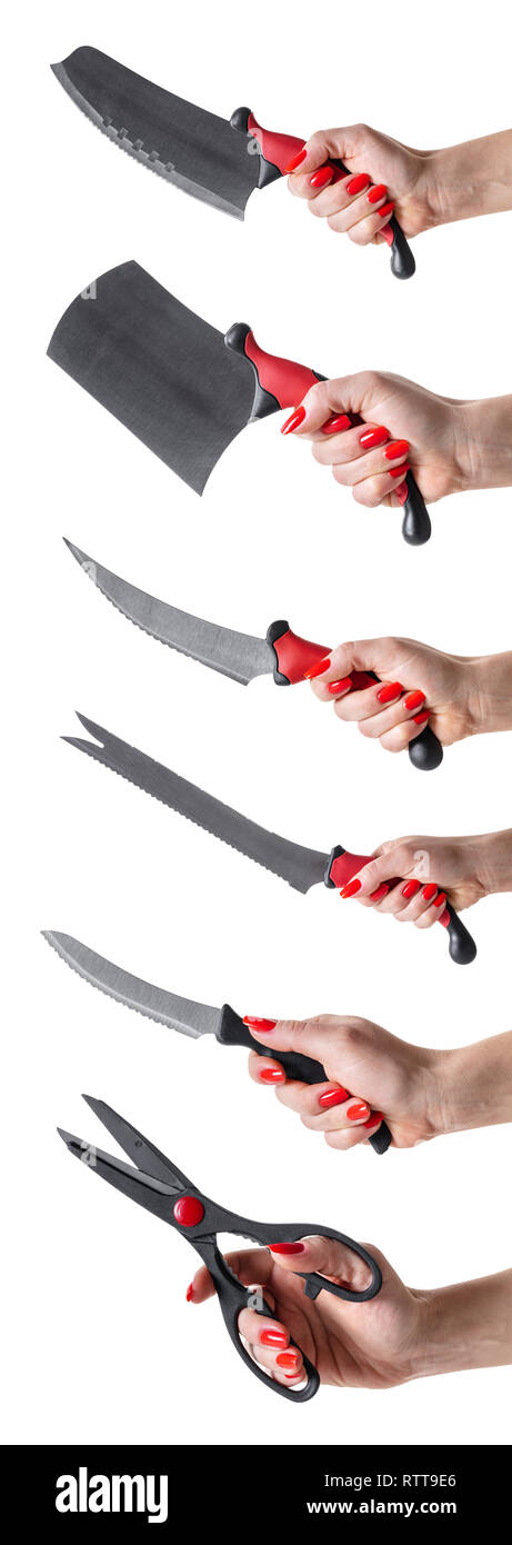 set of kitchen knife in hand on a white isolated background Stock Photo ...