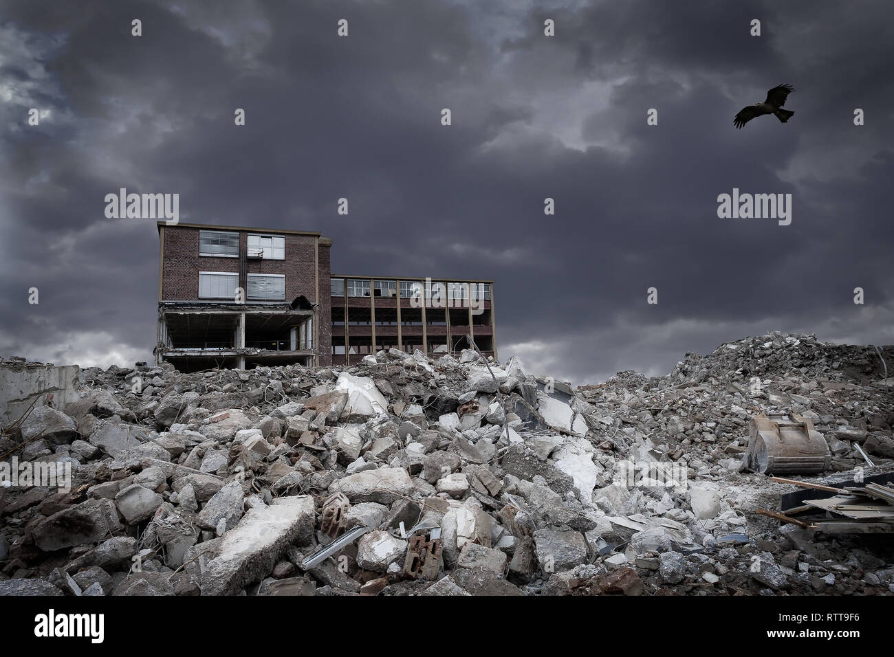 War and demolition with debris and building and raptor in the dark sky ...