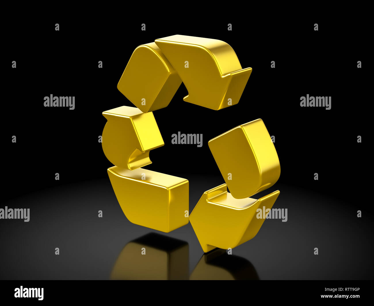 Gold recycle symbol on a black background. 3d illustration Stock Photo ...