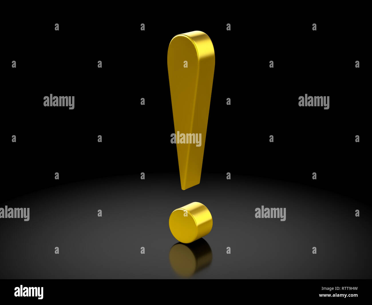 Gold exclamation mark symbol on a black background. 3d illustration ...