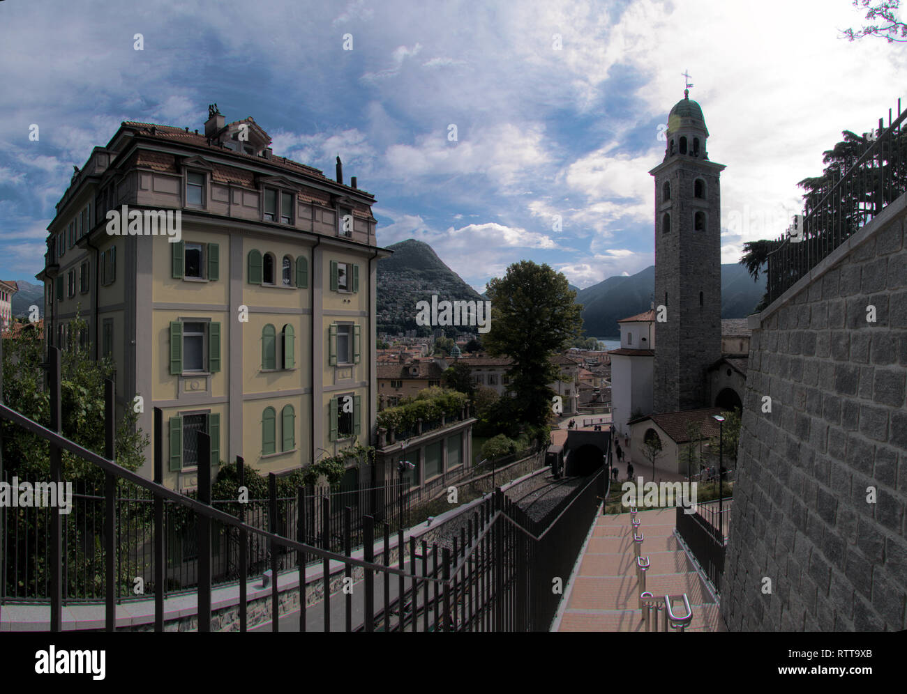 Lugano, view of cathedral and town from railway platform Stock Photo ...