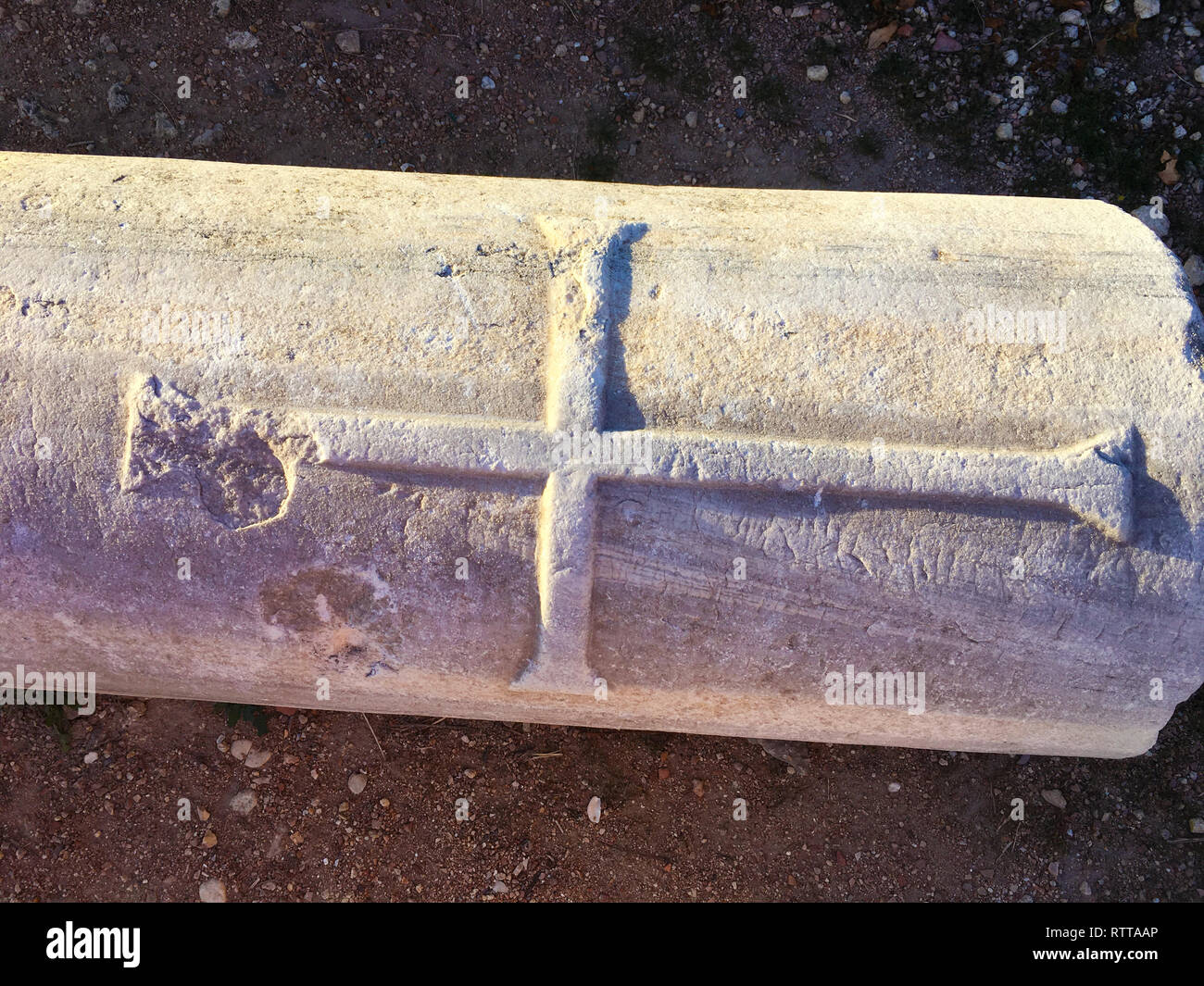 Ancient Roman time town in Crimea. Archeology antique columns on blue ...