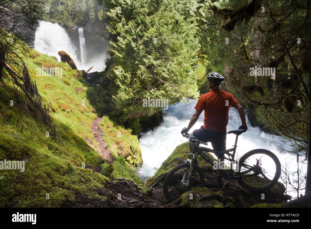 Mountain Biker at Sahalie Falls on the McKenzie River Trail Near Eugene ...