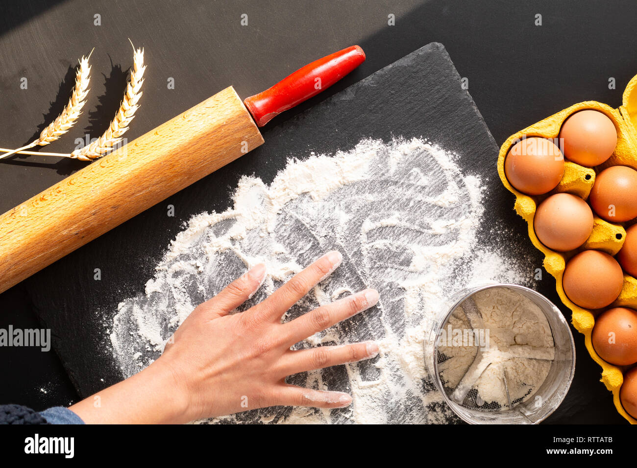 Food preparation concept over head shot Kneading dough for bakery ...