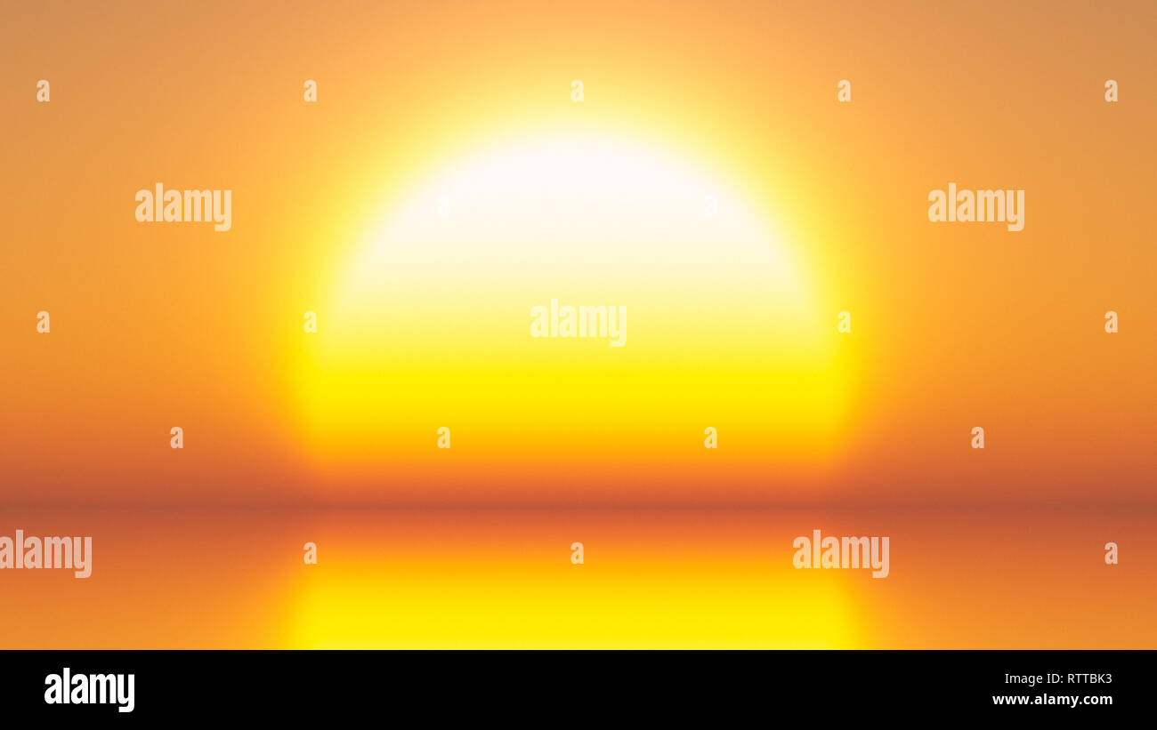A background with bright yellow big sun on edge of horizon over water ...
