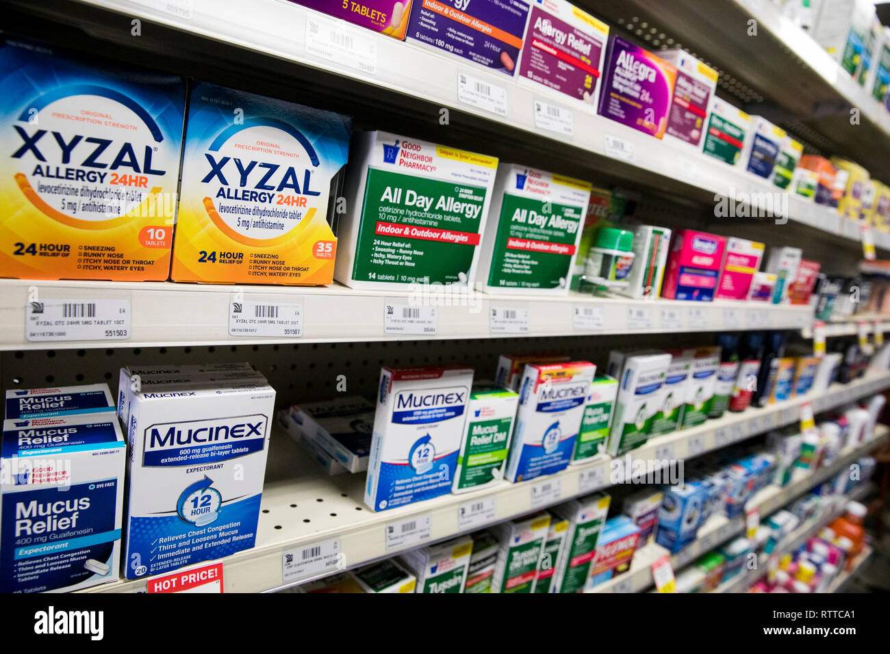 Over-the-counter cold and allergy medicines photographed in a pharmacy ...