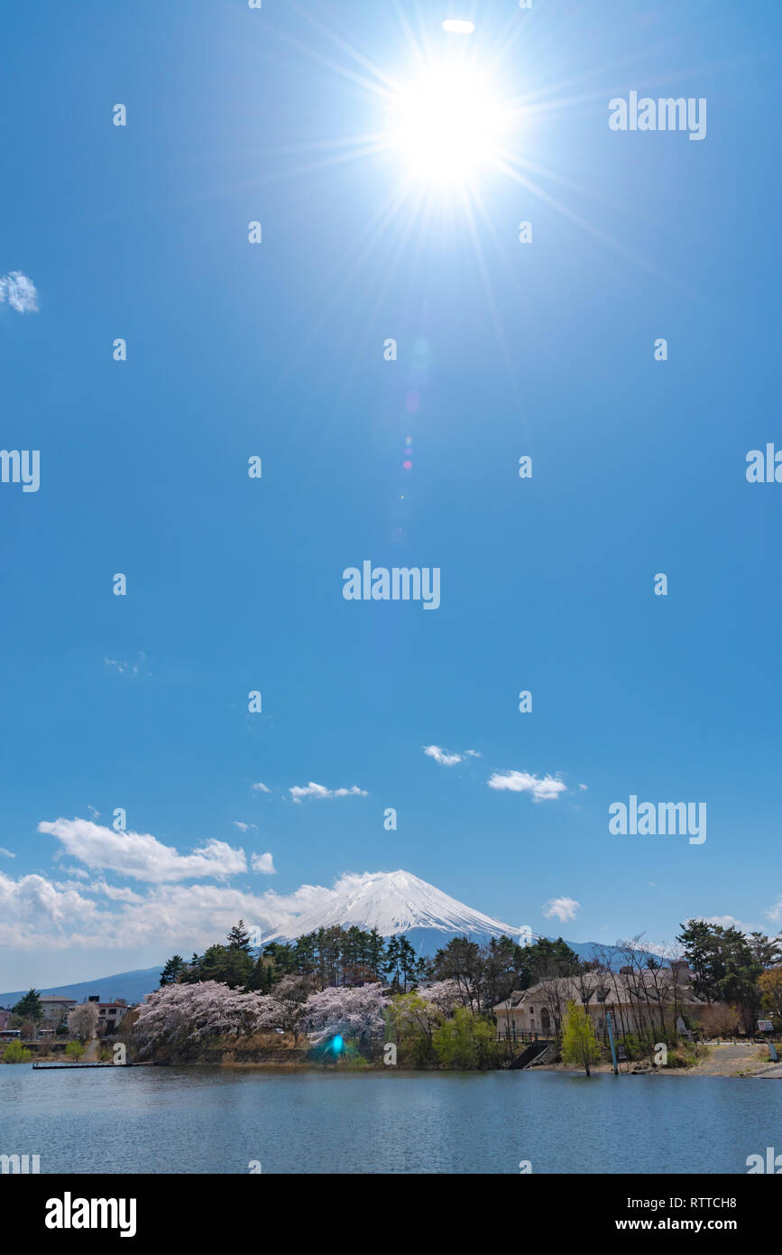 Close-up snow covered Mount Fuji ( Mt. Fuji ) with blue sky background ...