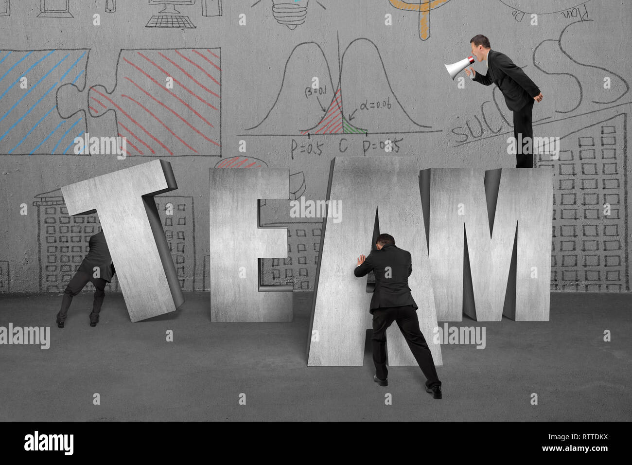 Businessman using megaphone commanding employees to move TEAM 3D ...