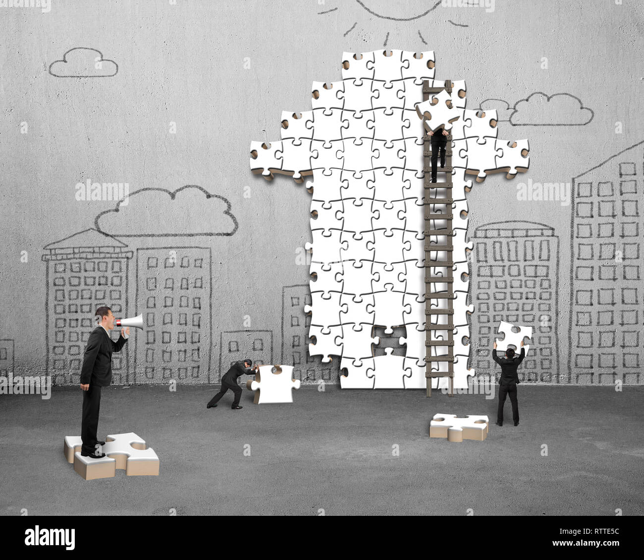 Businessman using megaphone commanding workers to build arrow jigsaw ...