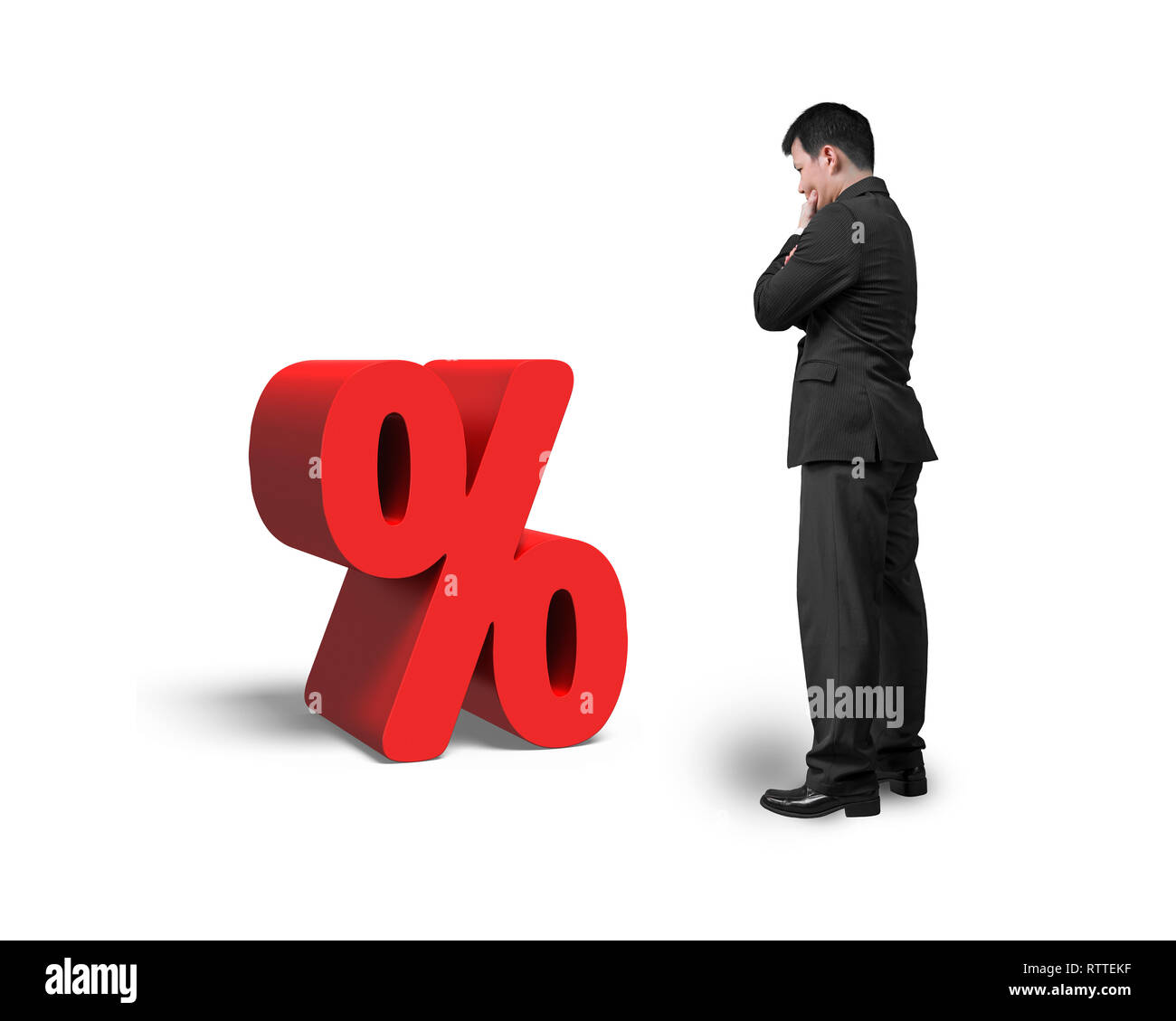 Thinking salesman looking at red percentage sign isolated on white ...