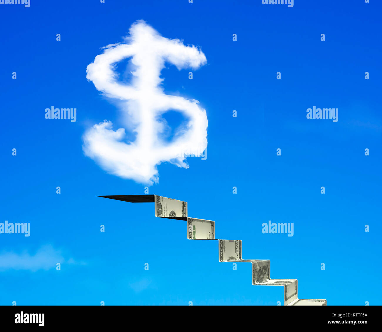 Dollar sign shape cloud with money stairs on blue sky background Stock ...