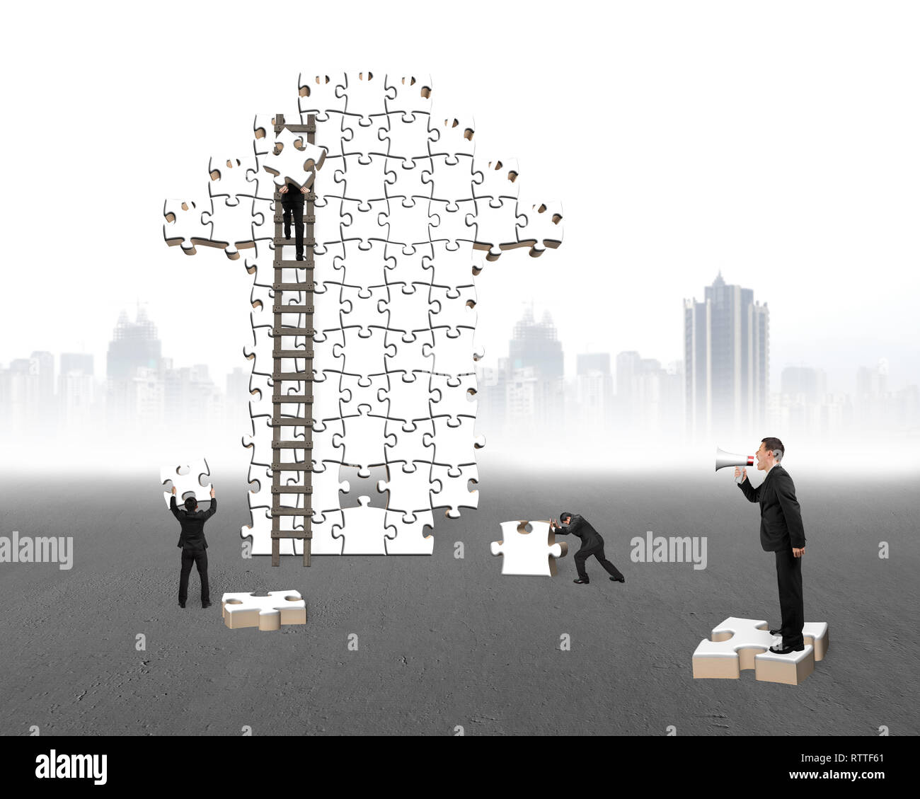 Businessman using megaphone commanding workers to build arrow jigsaw ...