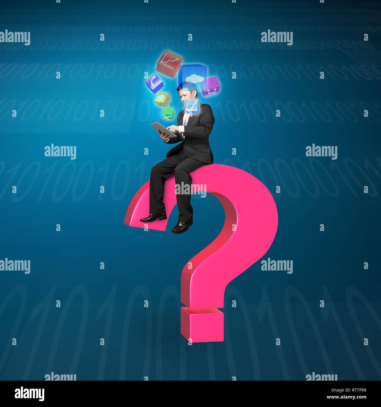 Businessman using tablet sitting on pink question mark with app icons ...