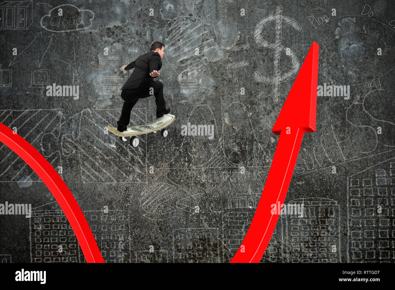 Businessman skateboarding on red growing arrow graph with doodles wall ...