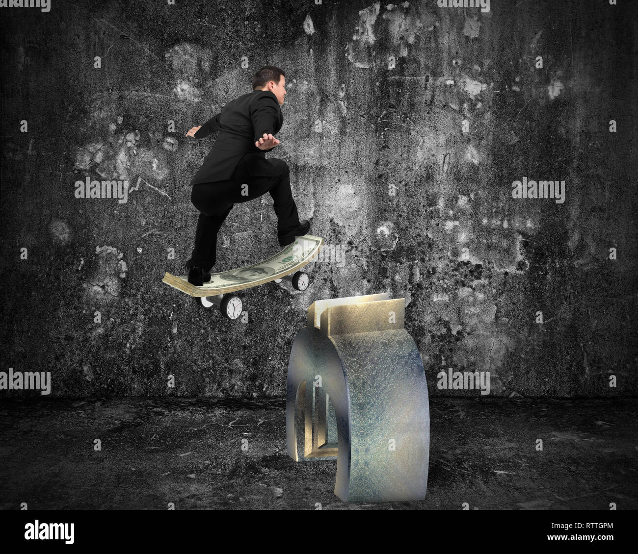 Businessman skating on money skateboard across metal euro symbol with ...