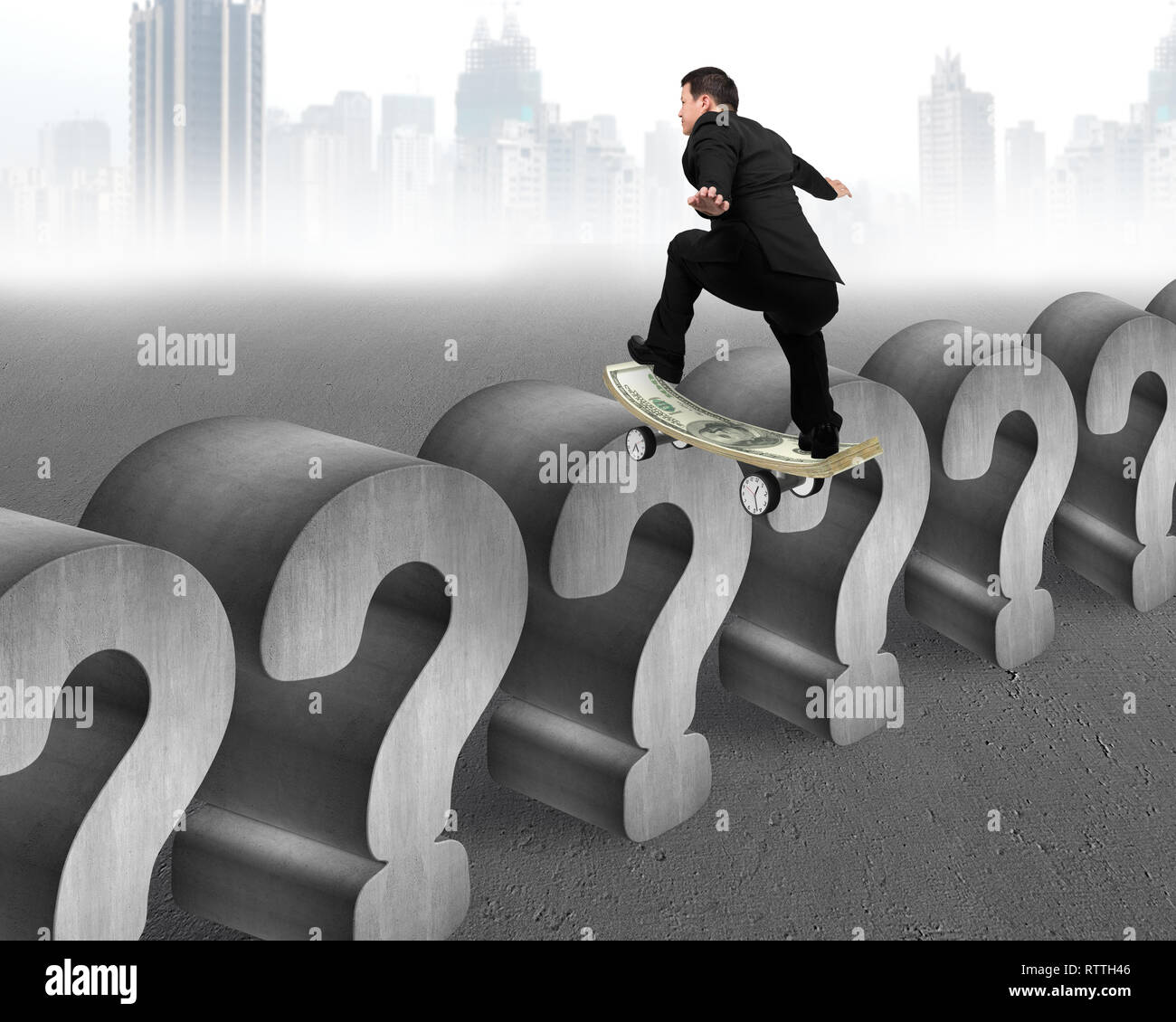 Businessman skating on money skateboard across concrete question mark ...