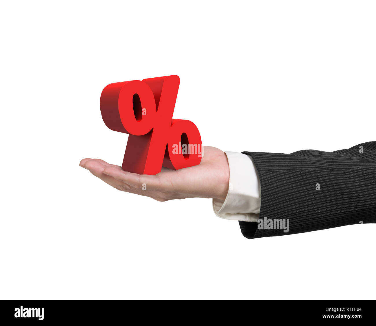 Hand showing 3D red percentage sign isolated on white background Stock ...