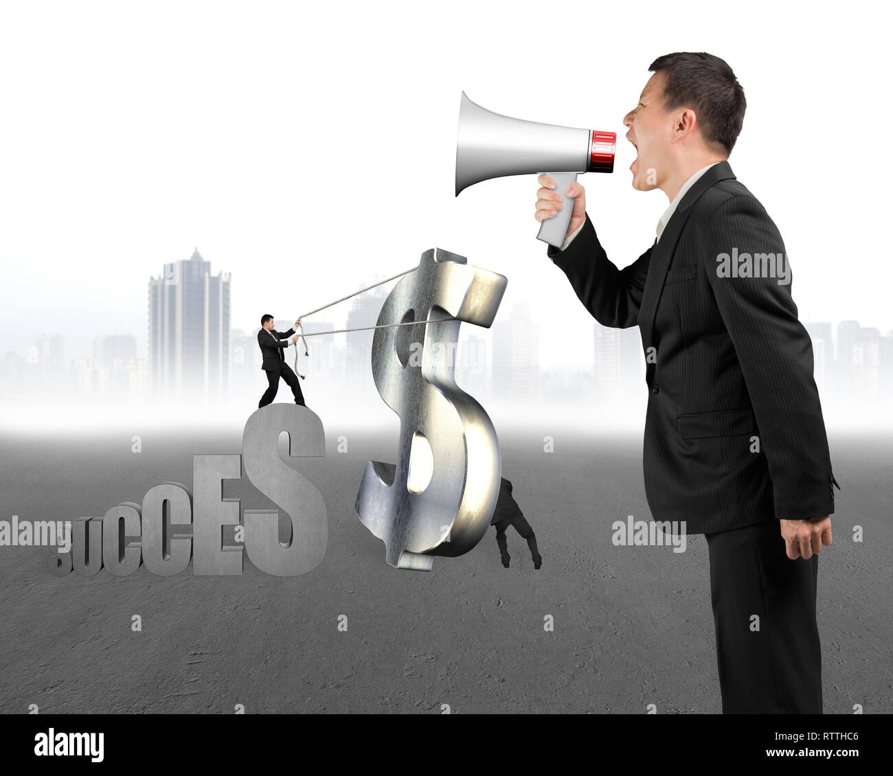 Businessman using megaphone to command employees moving metal dollar ...