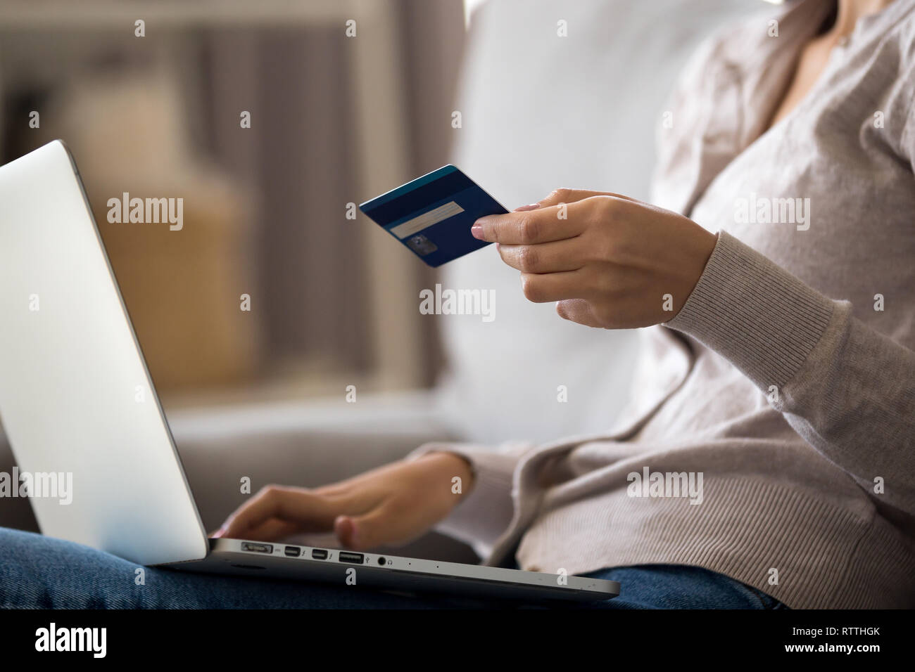 Close up young woman shopping online, paying with credit card Stock ...