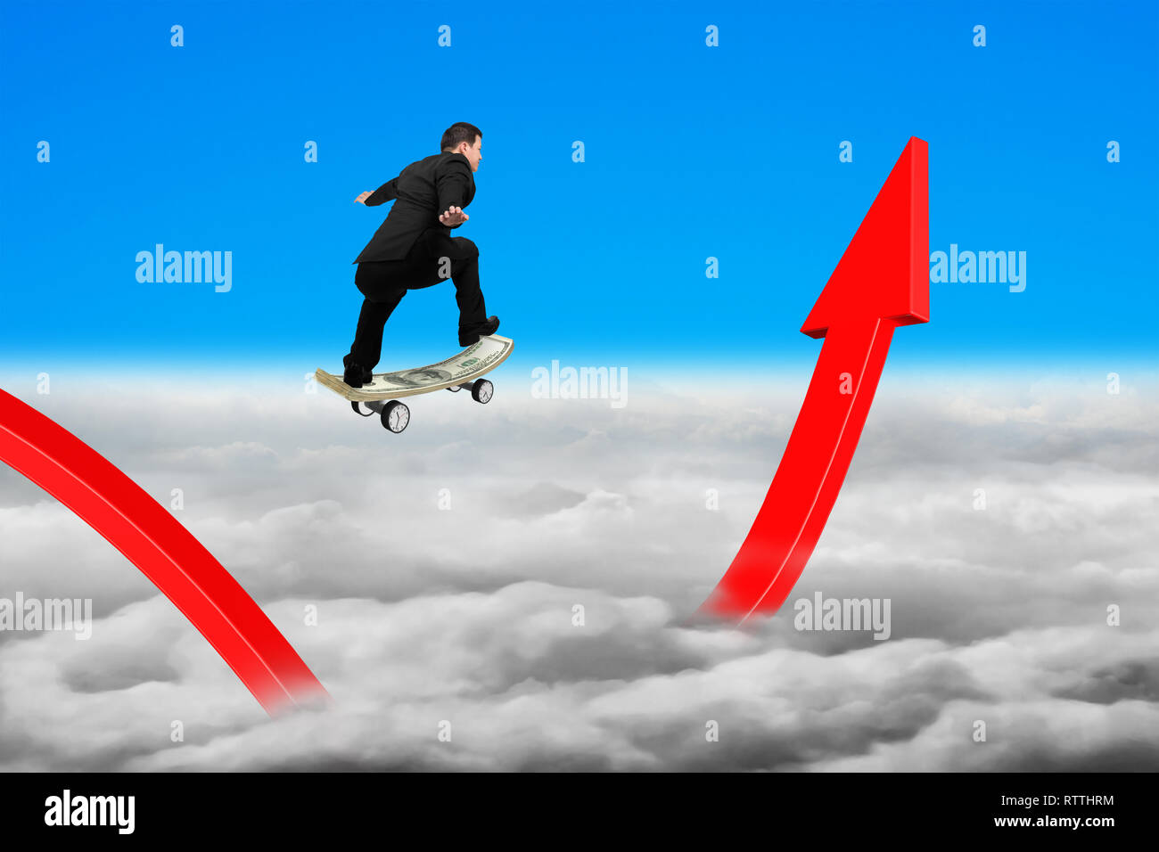 Businessman skateboarding on red growing arrow graph with blue sky ...