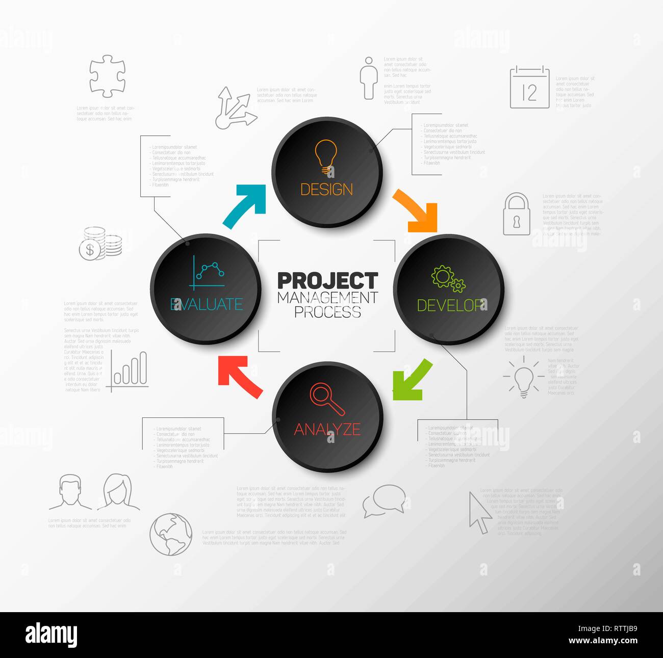 Vector Project management process diagram with white buttons and dark ...