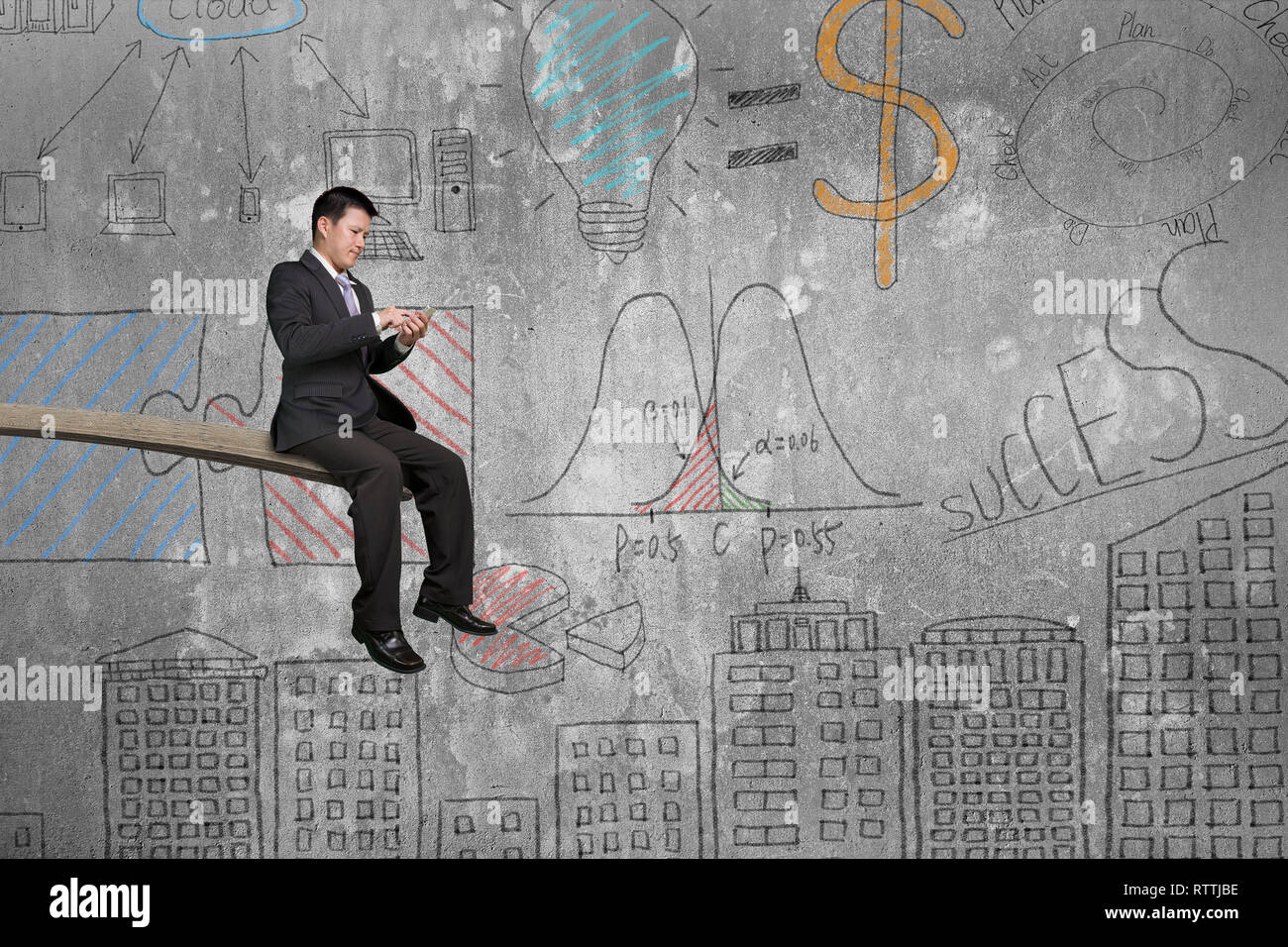 Using mobile phone businessman sitting on springboard with doodles wall ...
