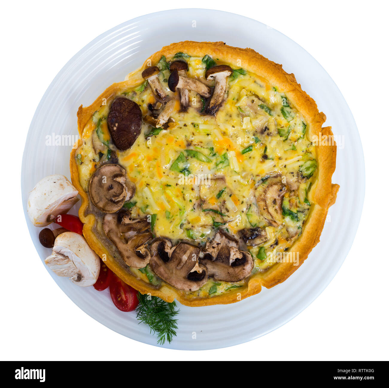 Top view of delicious mushroom pie filled with shiitake, porcini and ...