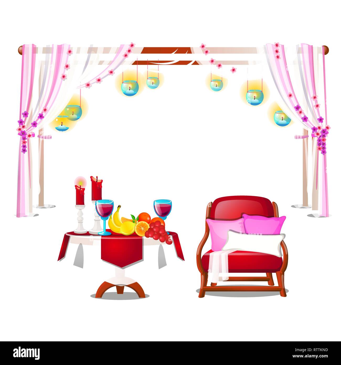 Red armchair with pillows, wooden table with fresh ripe fruit, burning ...