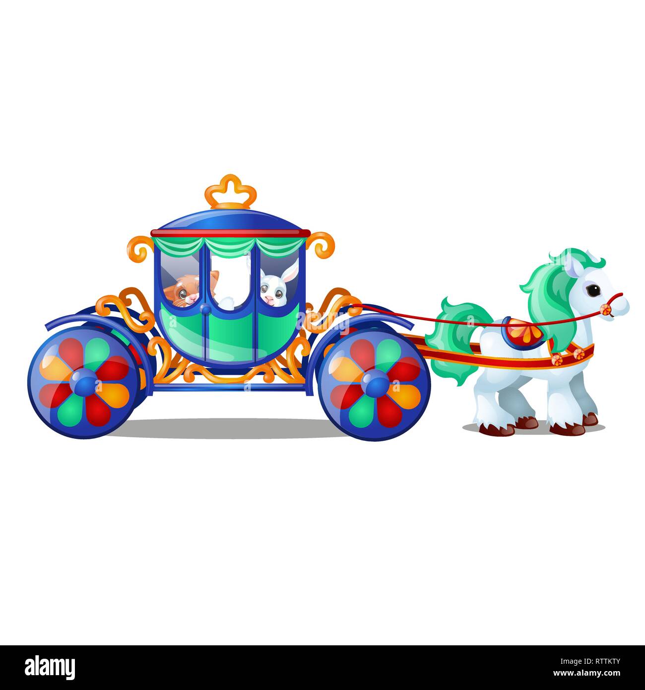 Animated circus horse or pony carries small animals in the carriage ...