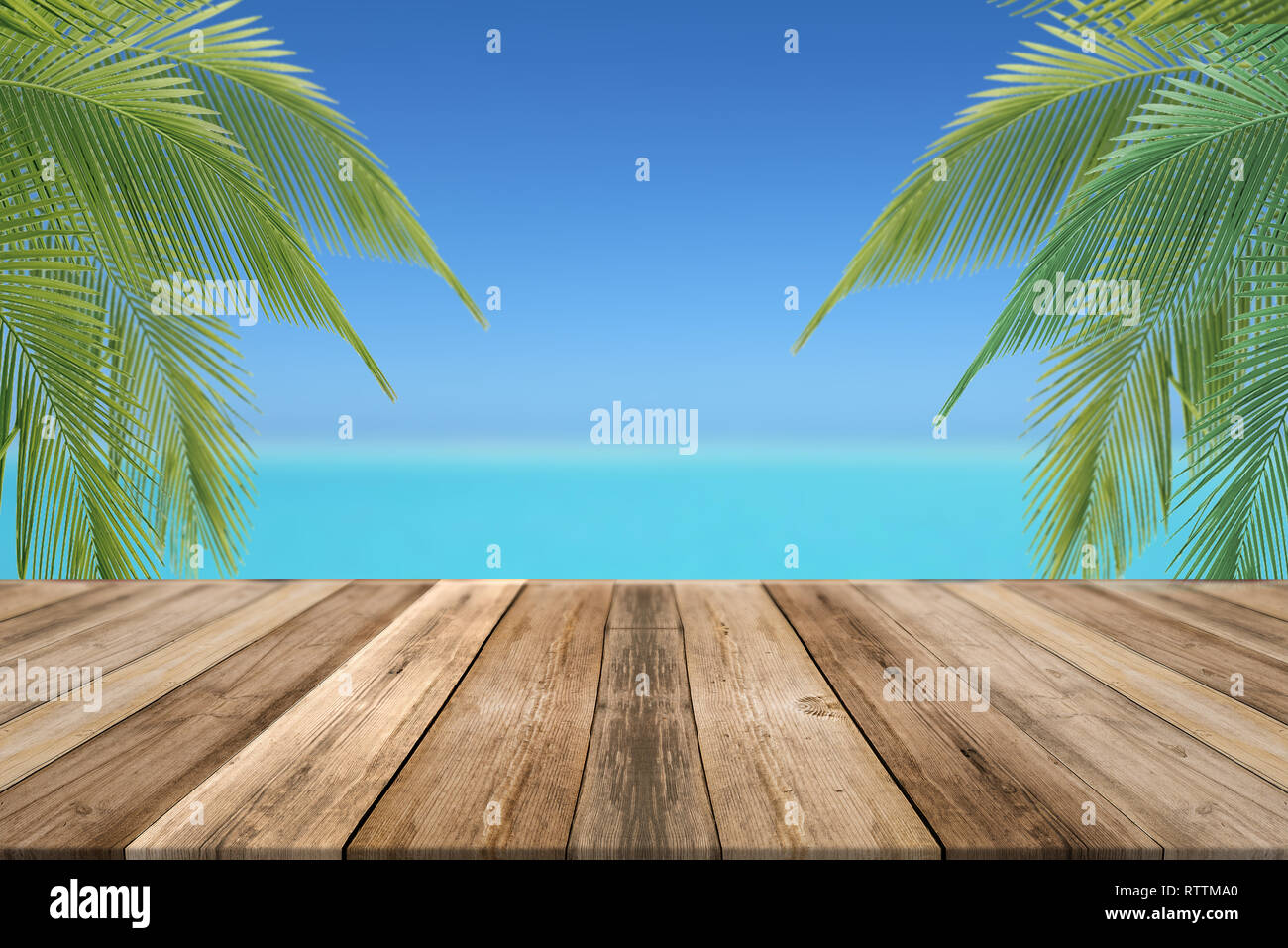 Tropical beach, wooden boards for product display,montage or mockup ...