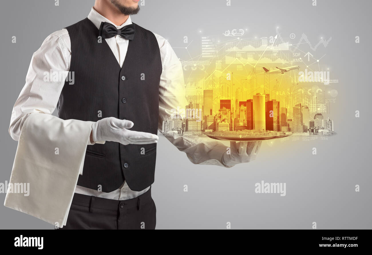 Waiter serving big city with report concept on tray Stock Photo - Alamy