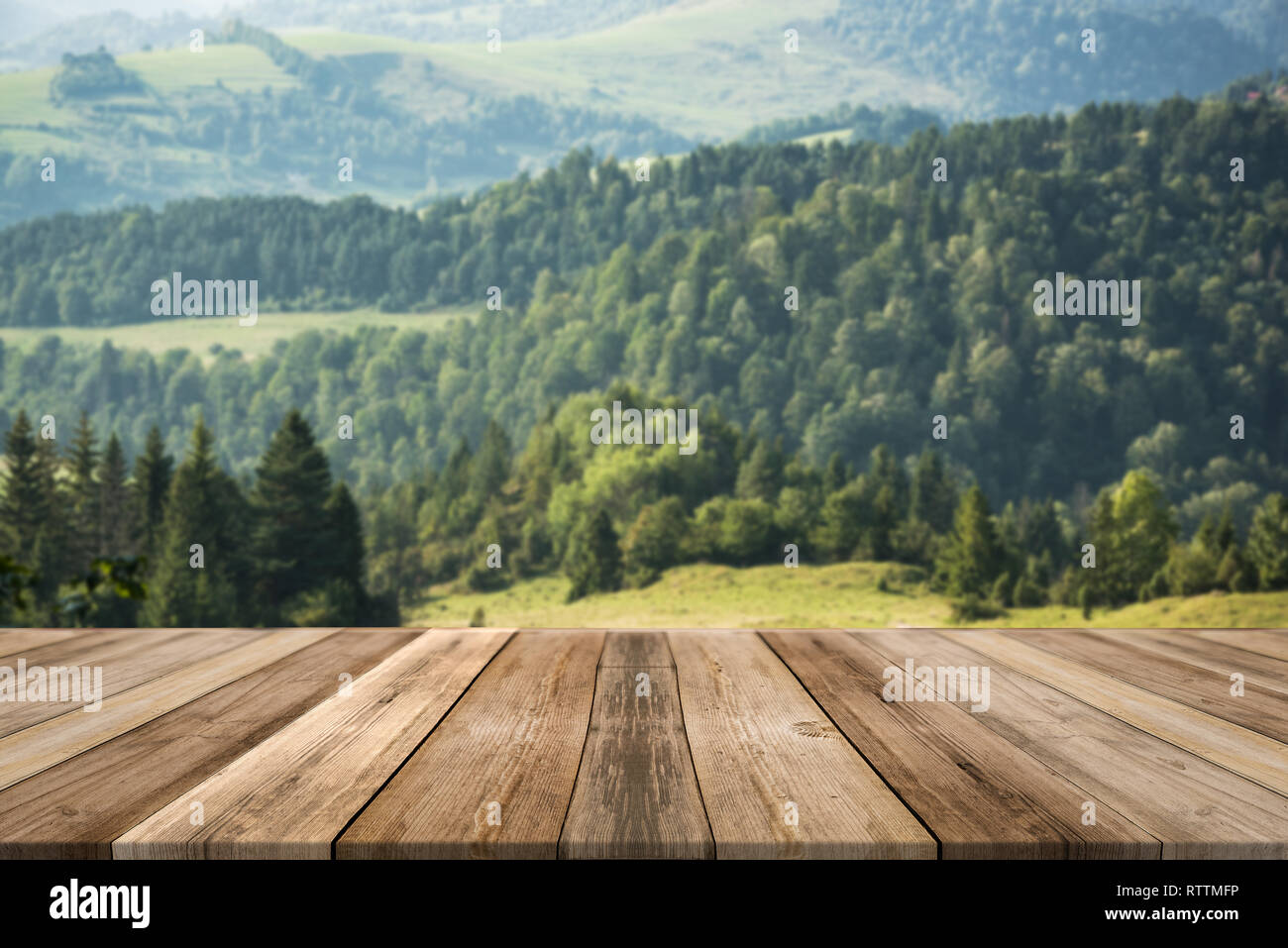 Wooden boards for product display or montage with rural landscape Stock ...