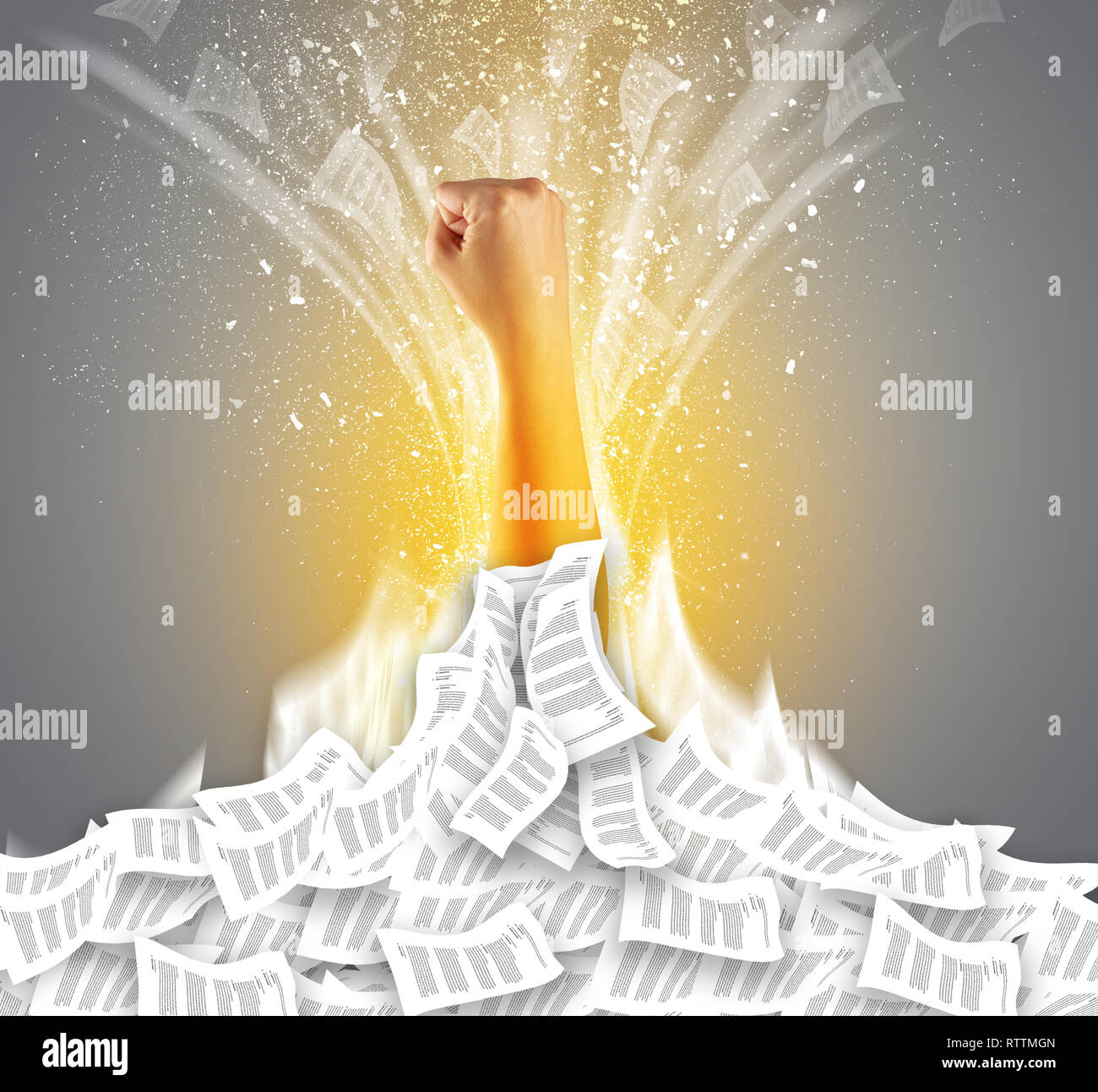 Hand buried in document pile and breaking out from it Stock Photo - Alamy