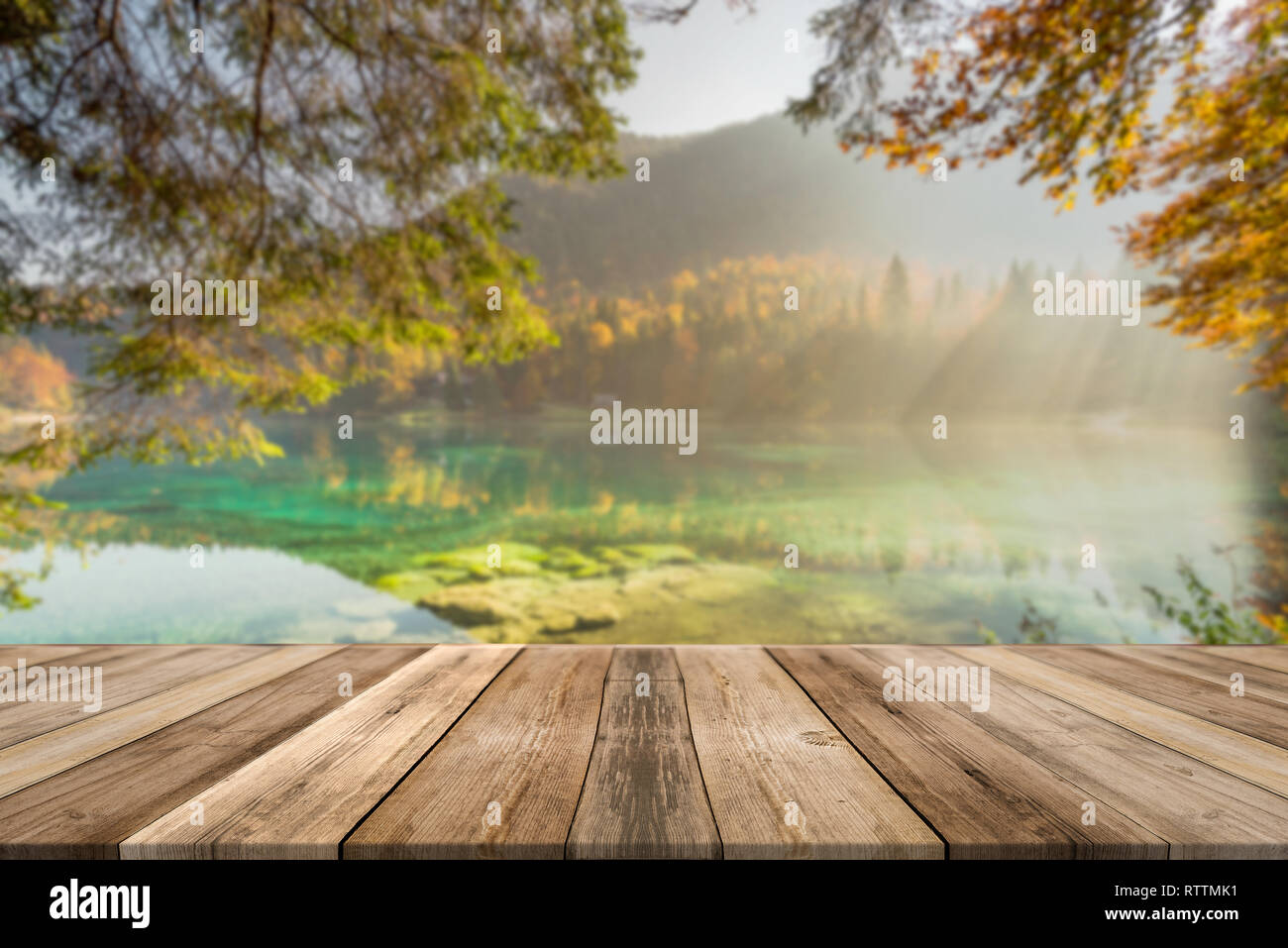 Beautiful natural lake, wooden boards product display, montage and ...