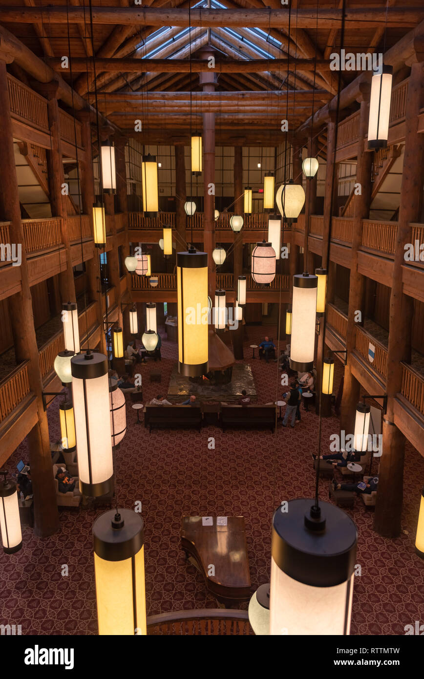 Looking Down On Historic Hotel Atrium with hanging glass chandeliers ...