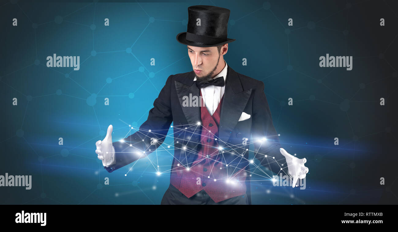 Magician with blue background and geometrical connection between two ...