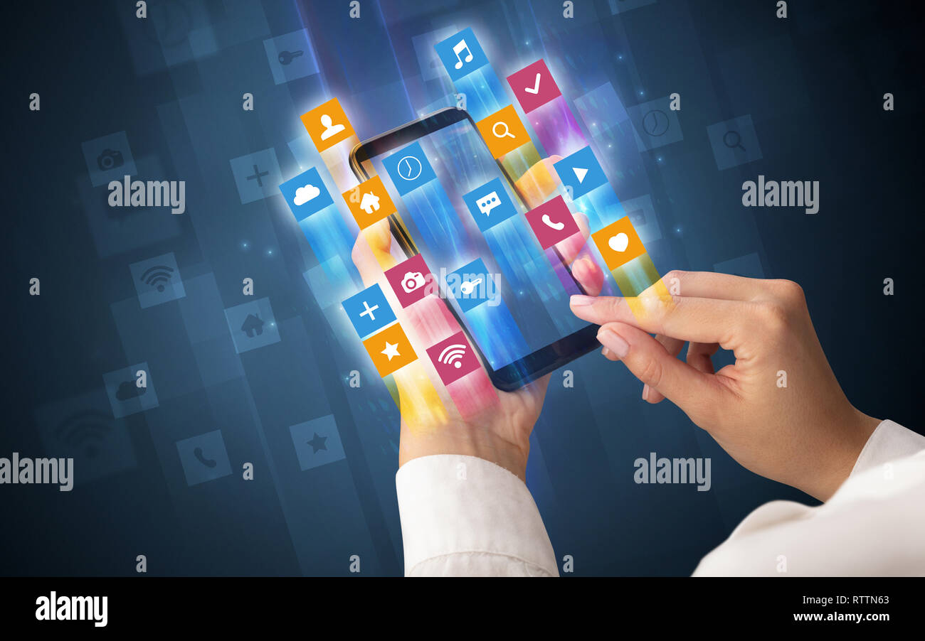 Female hand using smartphone with colorful angular fast switching ...